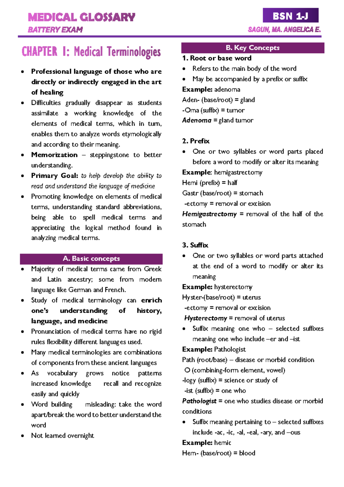 BSN MEDICAL GLOSSARY: BATTERY EXAM STUDY NOTES BY SAGUN, MA. ANGELICA E ...