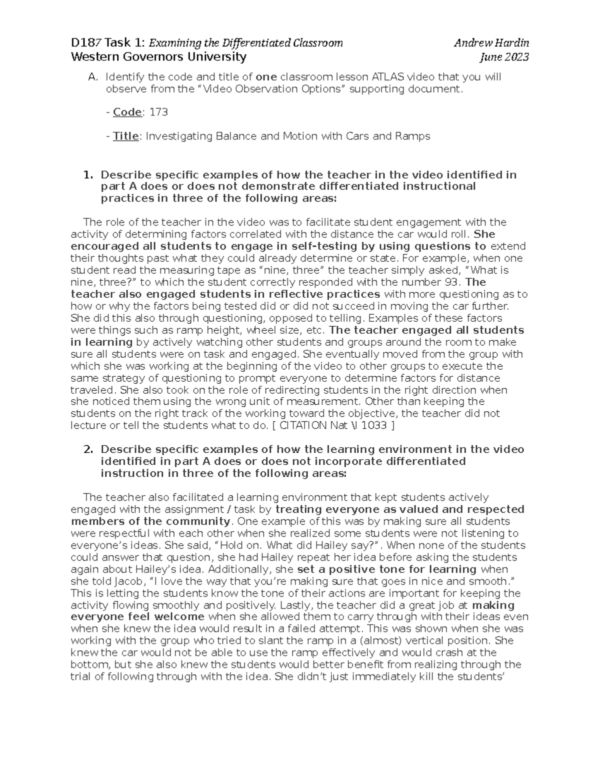 D18 7 Task 1: Analyzing Differentiated Instruction in Classrooms - Studocu