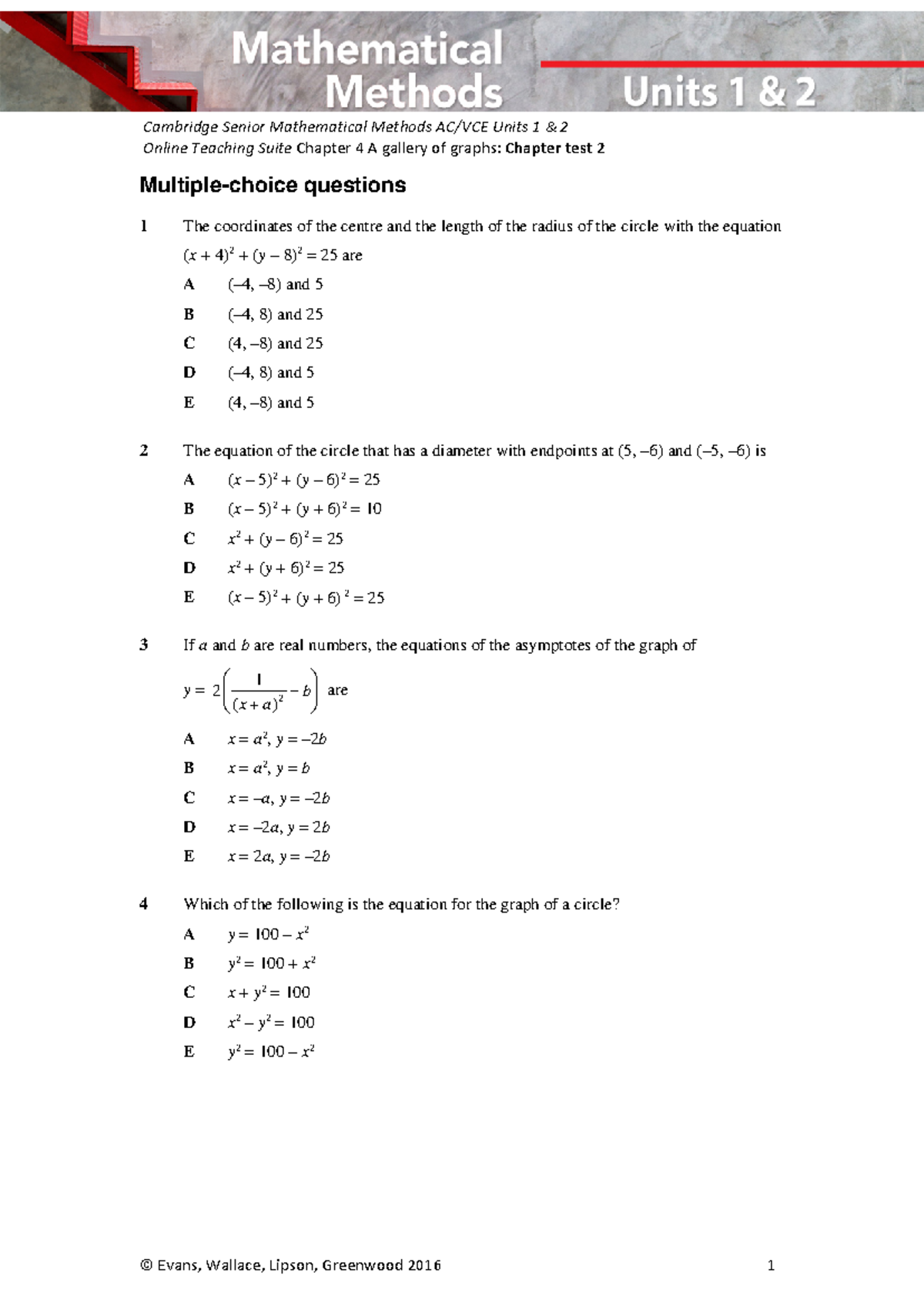 Chapter 4 Test 2: Gallery of Graphs Year 11 Units 1/2 Cambridge - Studocu