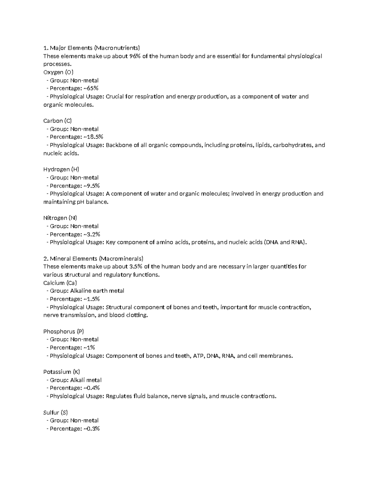 Elements in the body and their physiological functions - Major Elements ...