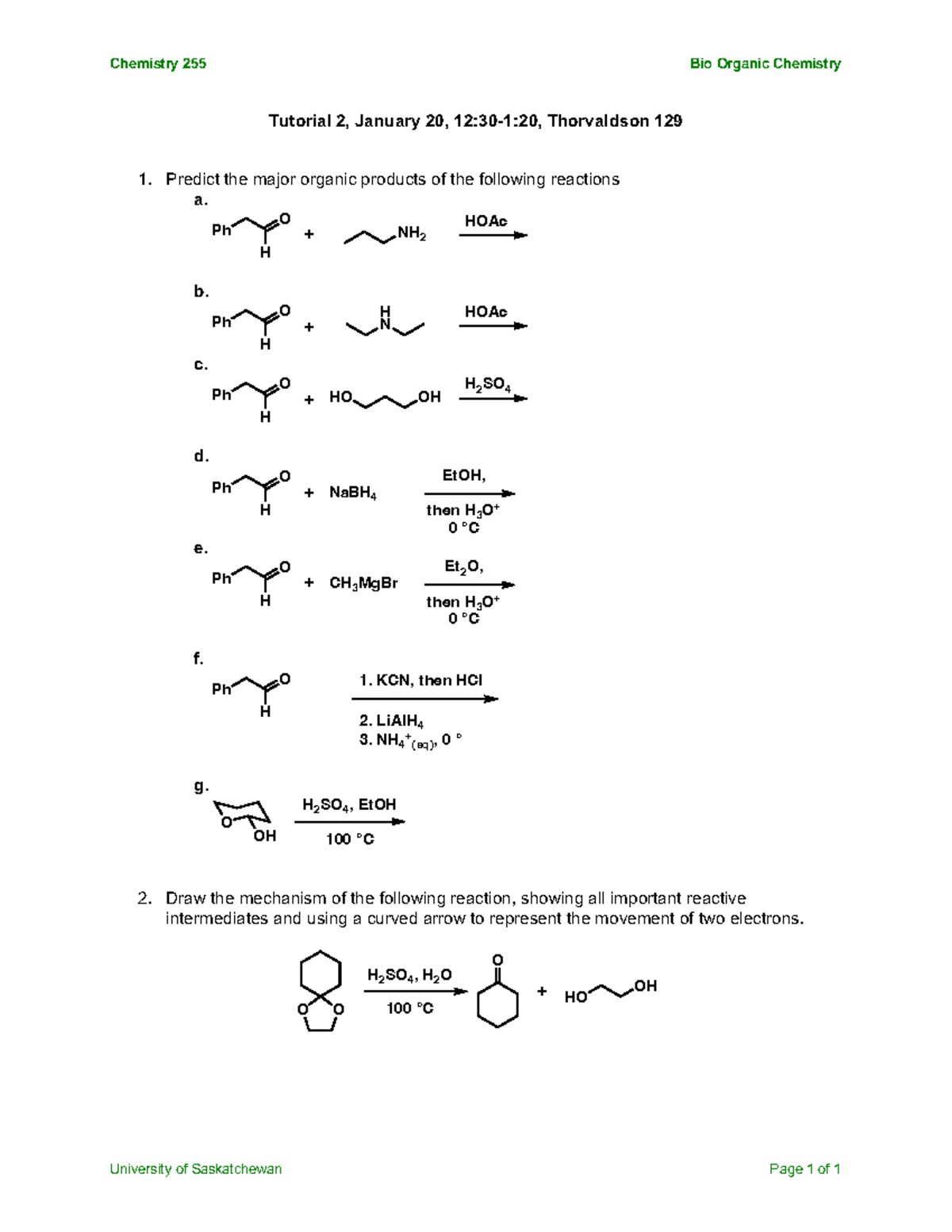 Chem 255 Bio Organic Chemistry Tutorial 2 - Major Product Predictions ...