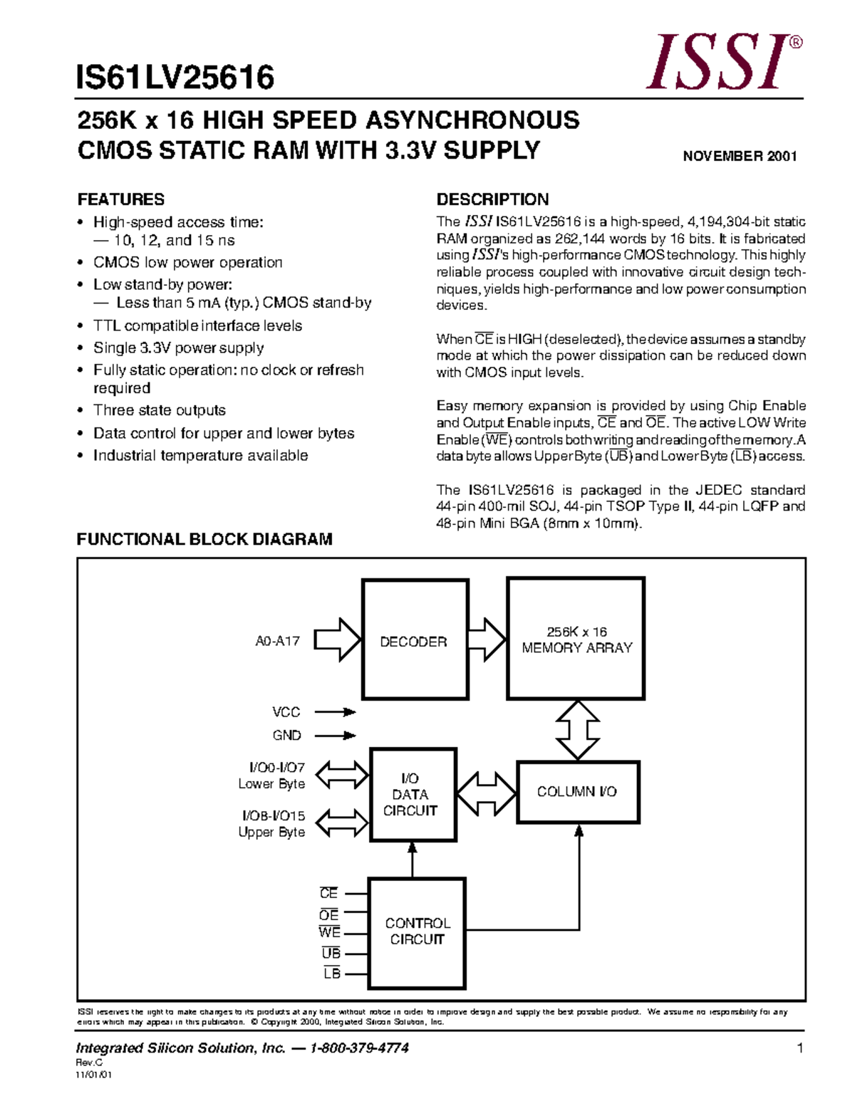 ISSI IS61LV25616 256K x 16 CMOS SRAM Data Sheet - Studocu