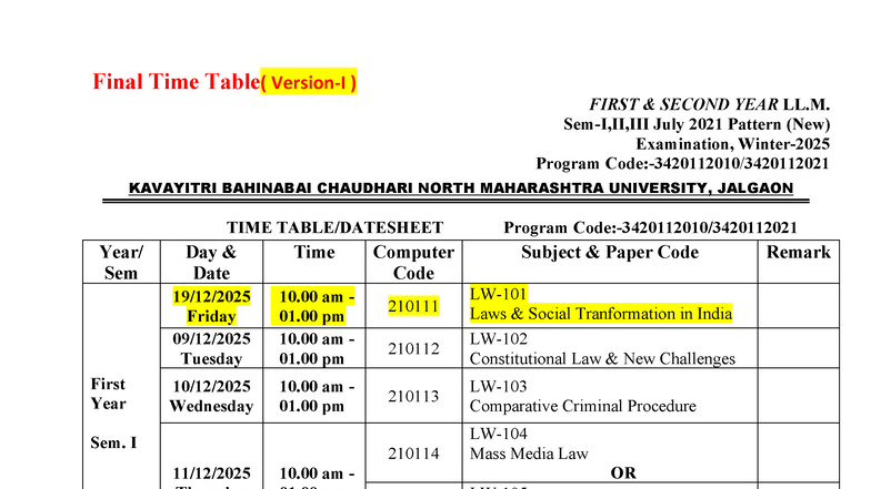 Final Time Table LLM (Version-I) Exam Winter 2025 - Studocu