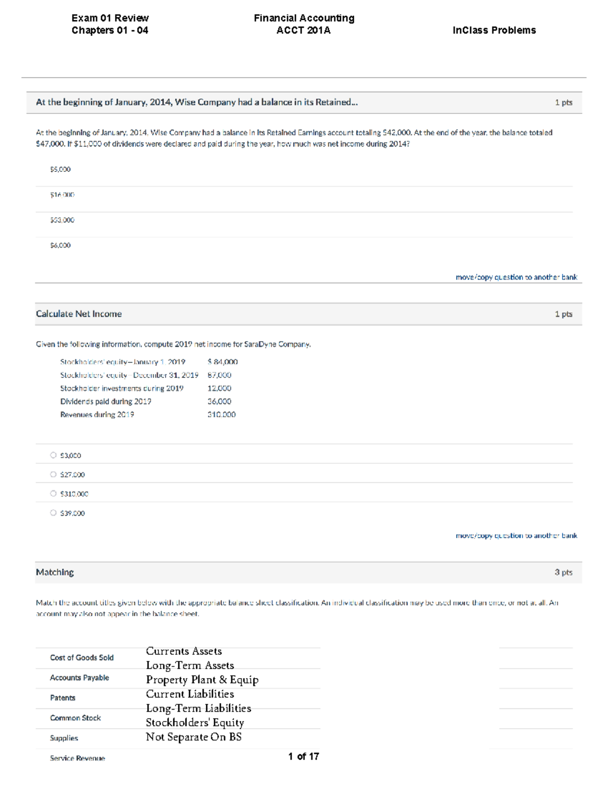 ACCT 201A - Exam 01 Review: In-Class Problems for Chapters 01-04 - Studocu
