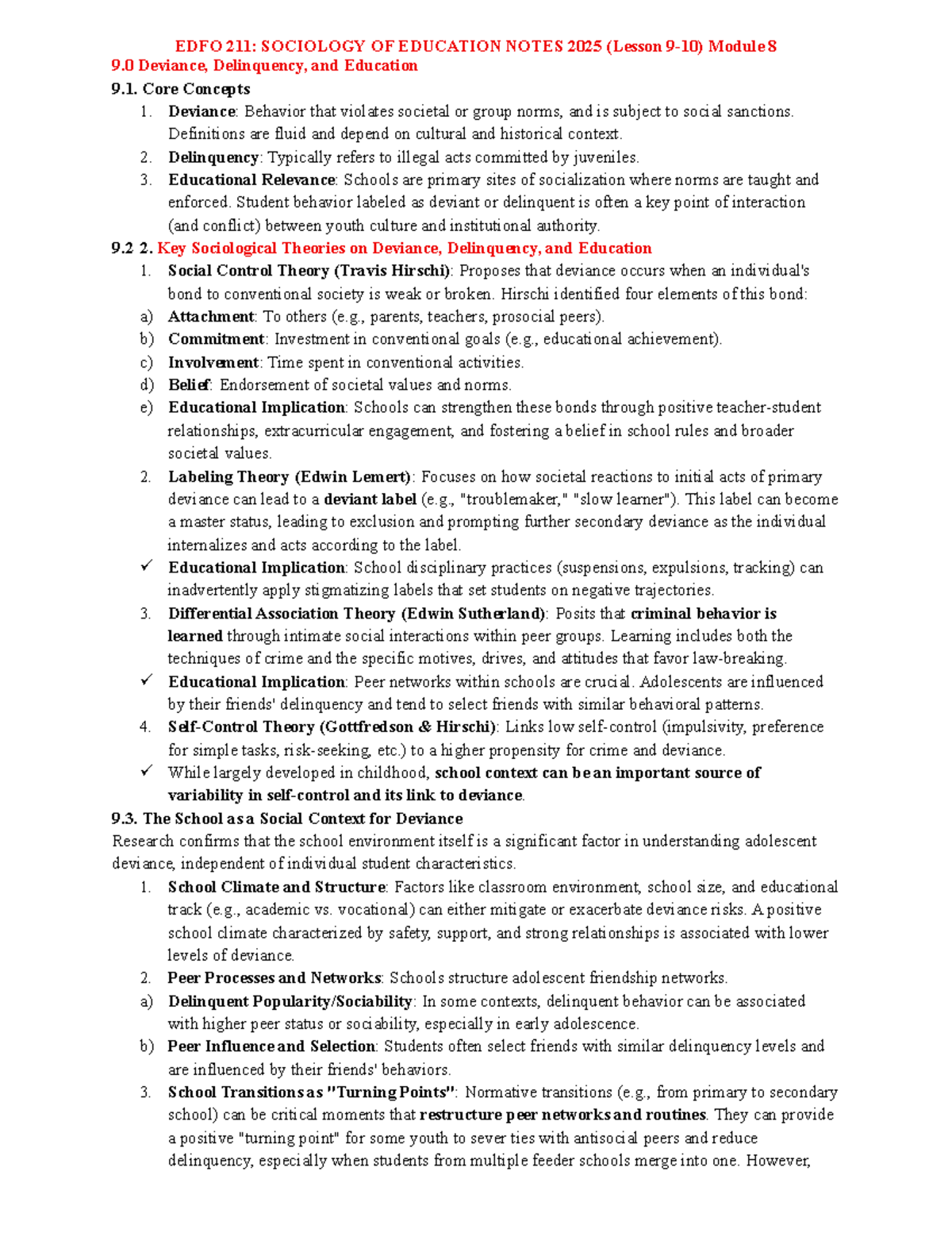 EDFO 211: Sociology of Education Notes - Lesson Module 8 & 9 on ...