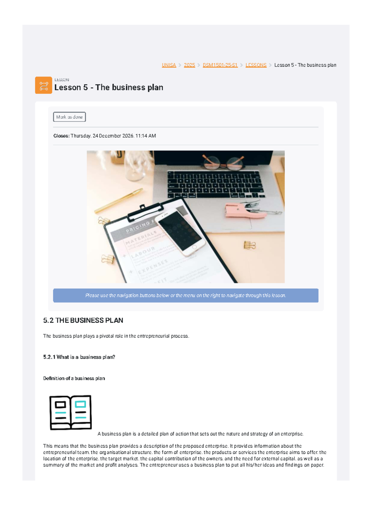 BSM1501-25-S1- Lesson 5.2 - The business plan- 5.2 THE Business PLAN ...