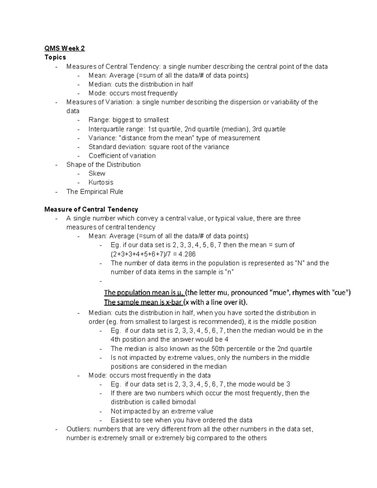 QMS210 Week 2: Measures of Central Tendency & Variation Explained - Studocu