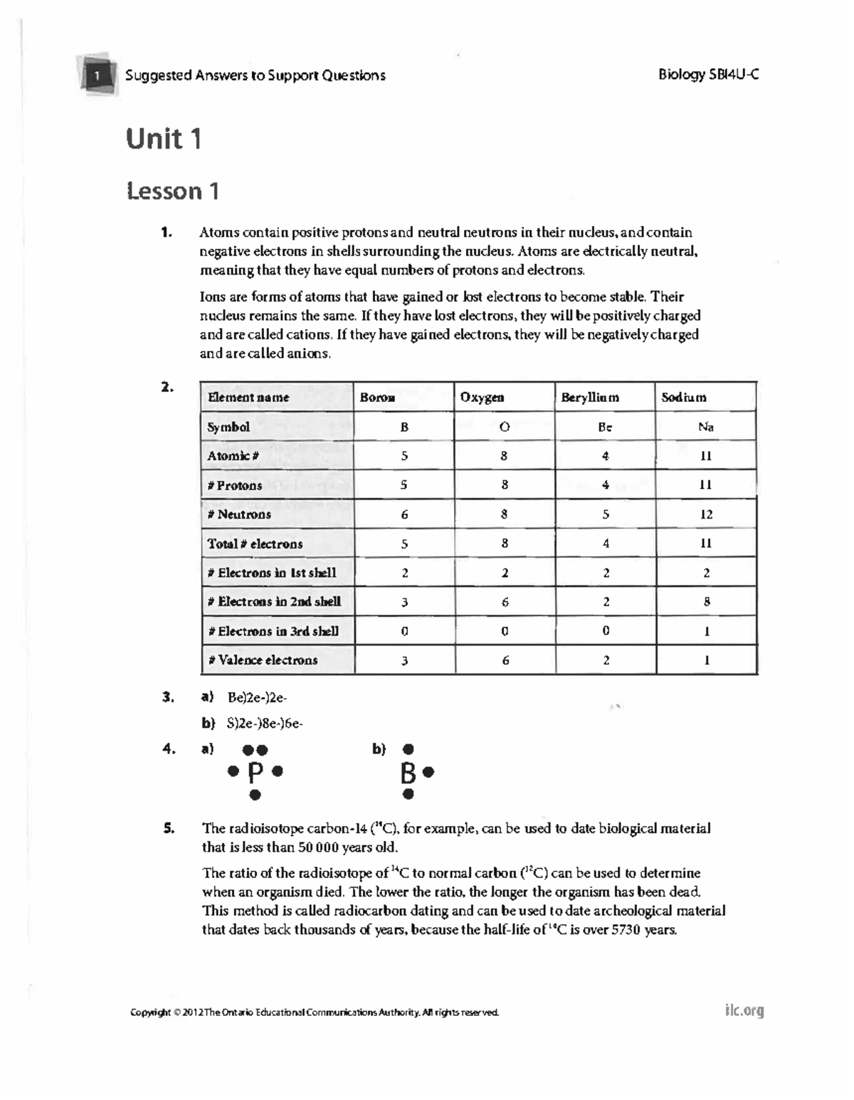 SBI4U-C - Answer Key for Biology Support Questions in Unit 1 - Studocu