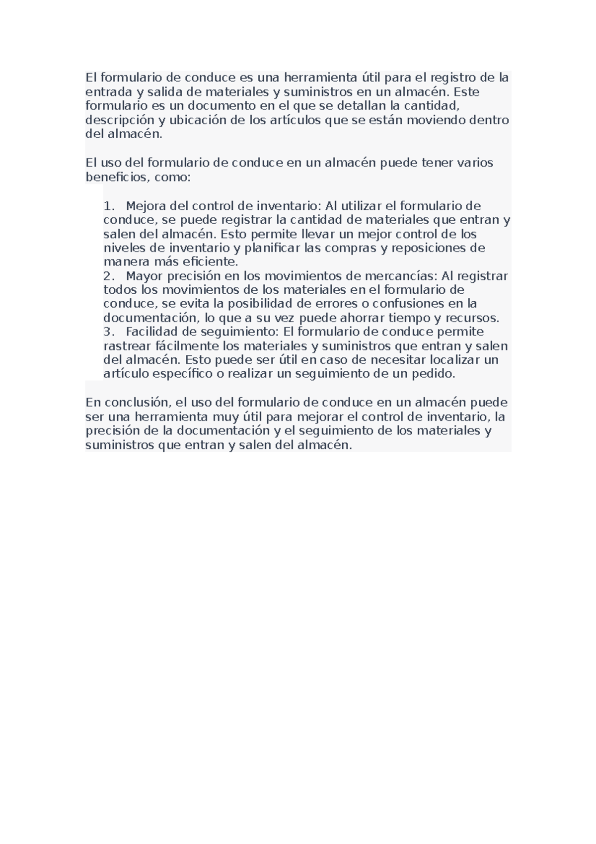 Importancia del Formulario de Conduce en la Gestión de Almacenes - Studocu