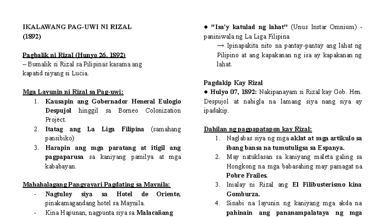FT - Rizal: Pagbabalik at mga Layunin ni Rizal sa 1892 - Studocu