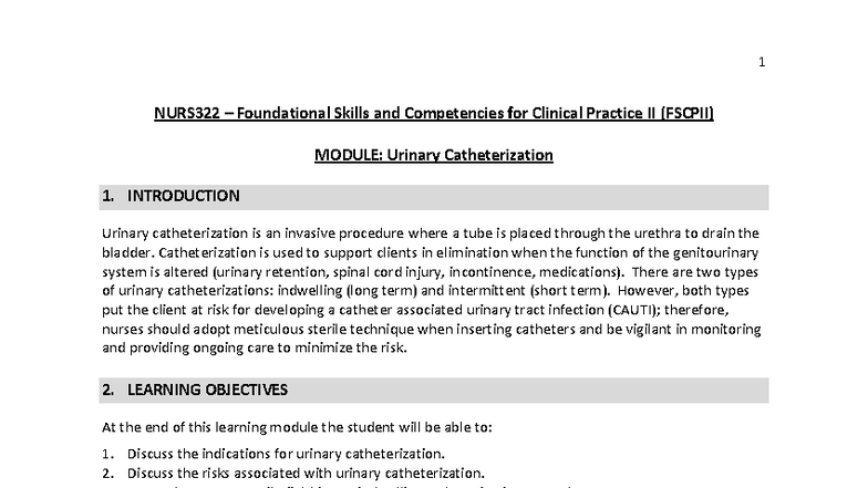 NURS322 Urinary Catheterization Module: Skills & Competencies Guide ...