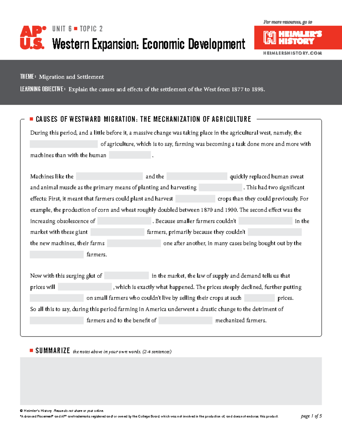 UNIT 6 TOPIC 2 Review Notes: Western Expansion & Economic Development ...