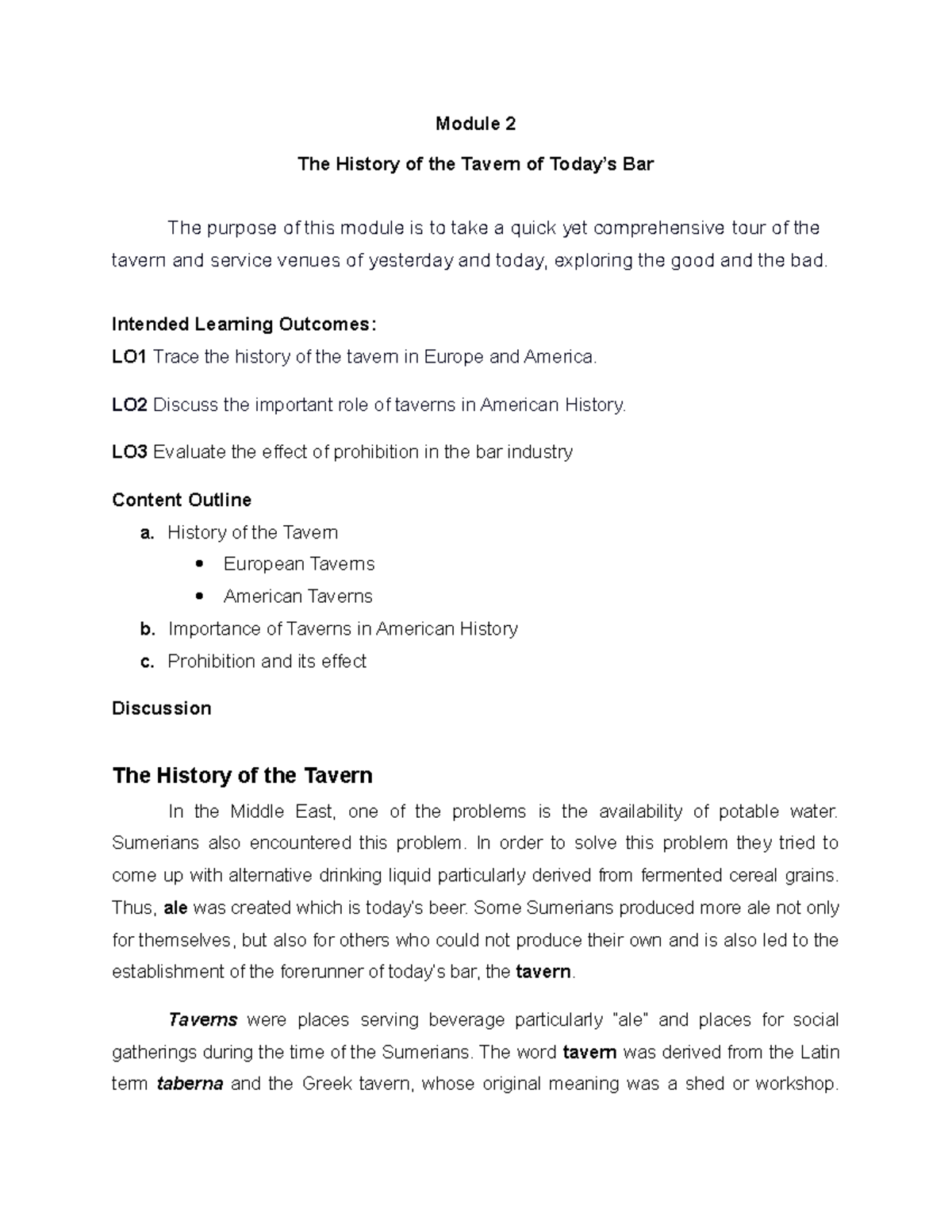 Module 2 The History of the Tavern of Today’s Bar - Module 2 The ...