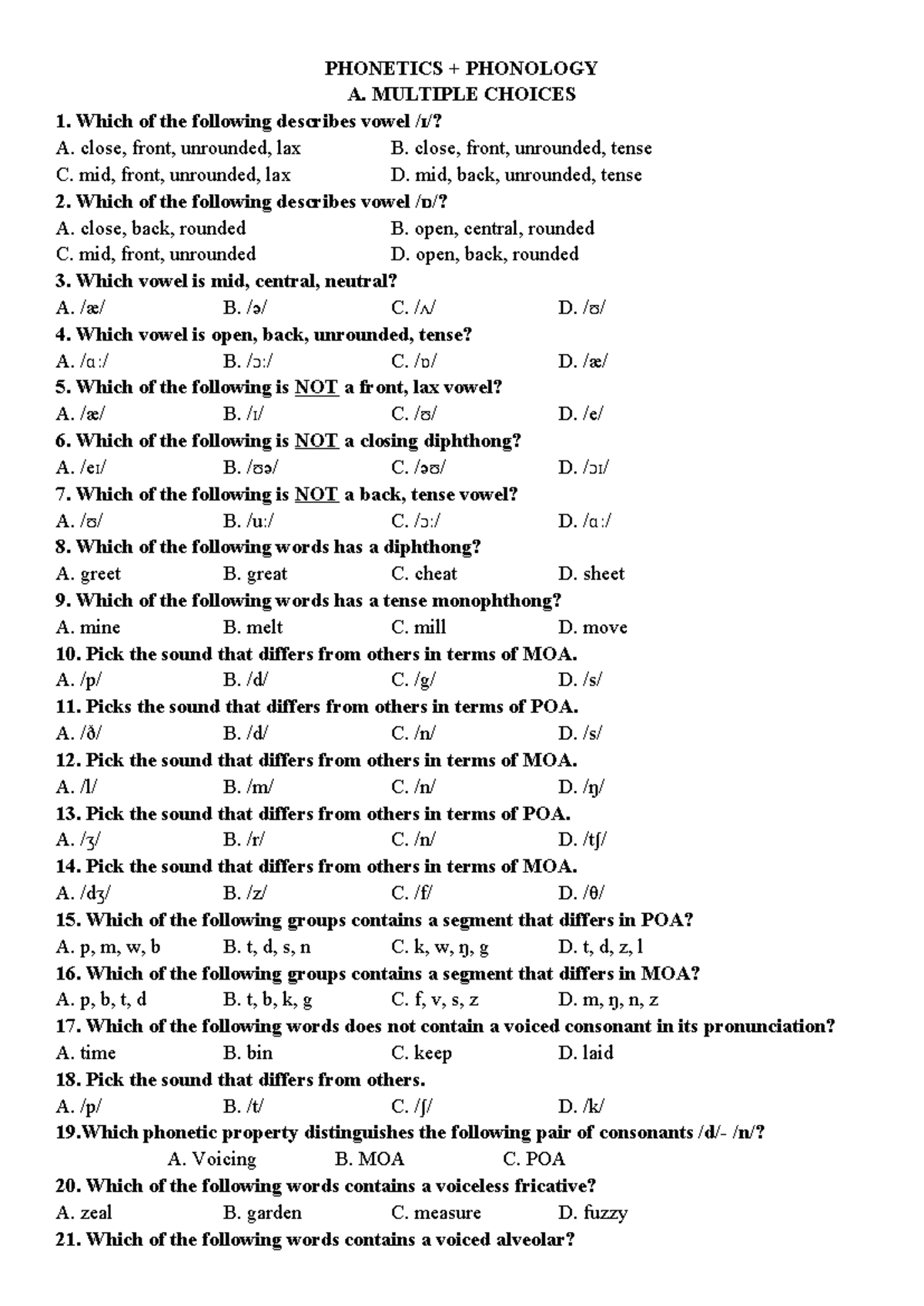 ÔN TẬP CK - TVTH: PHONETICS & PHONOLOGY MULTIPLE CHOICE QUESTIONS - Studocu