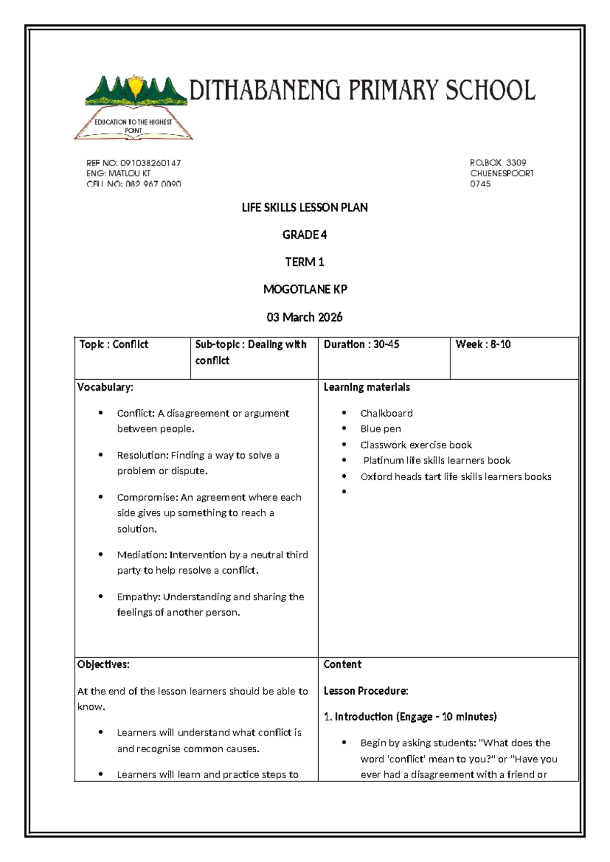 LIFE SKILLS LESSON PLAN GRADE 4 TERM 1: CONFLICT RESOLUTION - Studocu