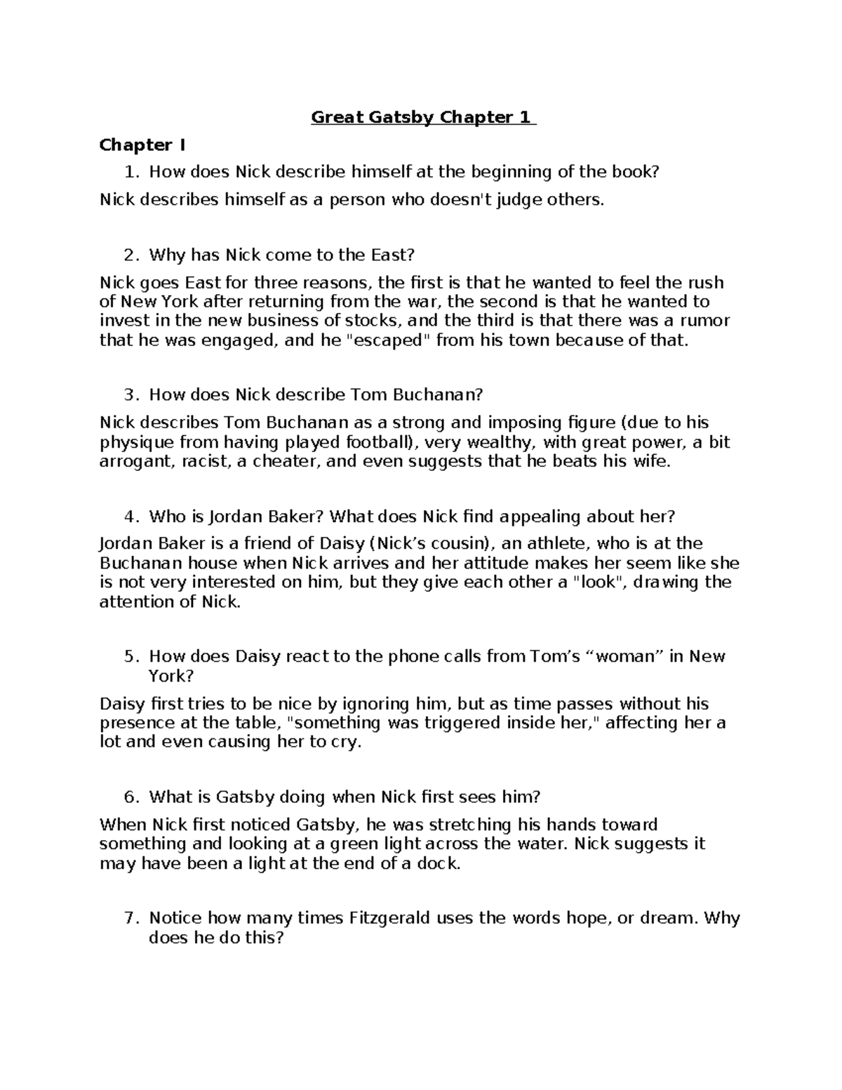 Great Gatsby Chapter 1 Study Guide Answers - Studocu