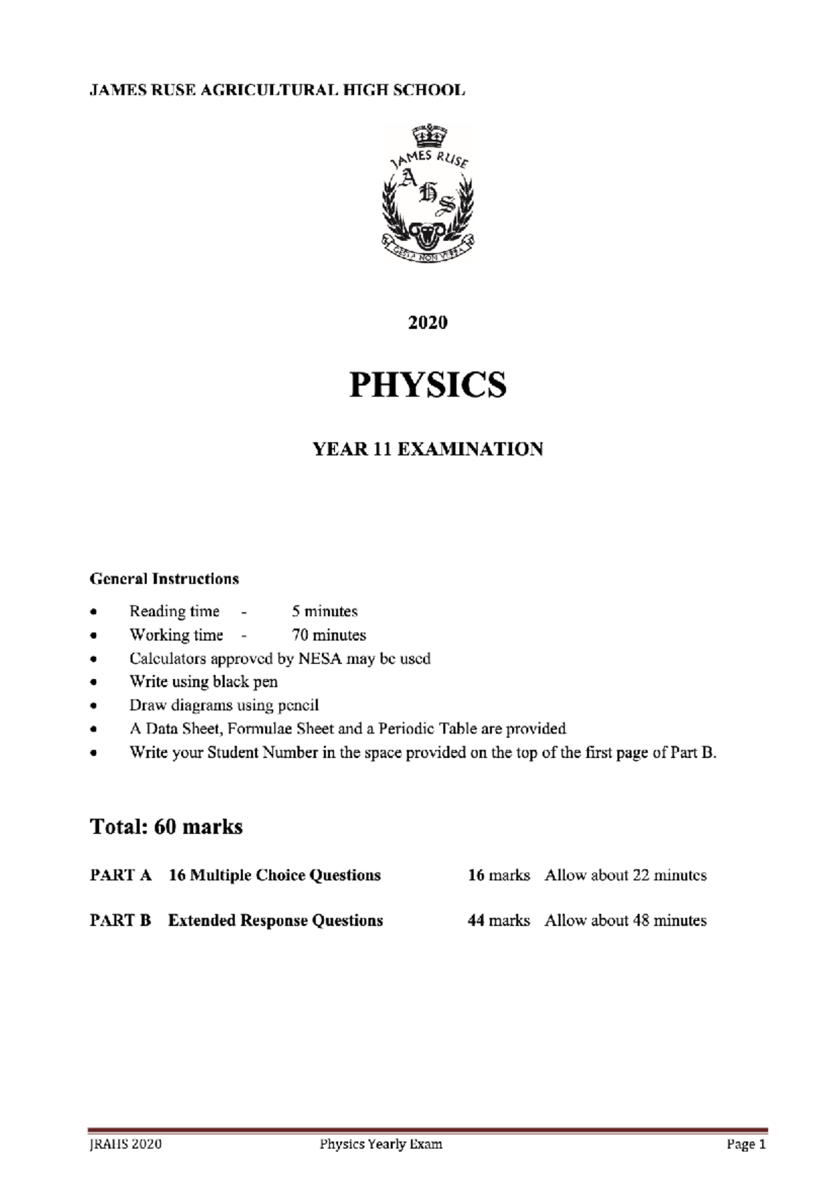 James Ruse 2020 w. sol - Practice test - JAMES RUSE AGRICULTURAL HIGH ...