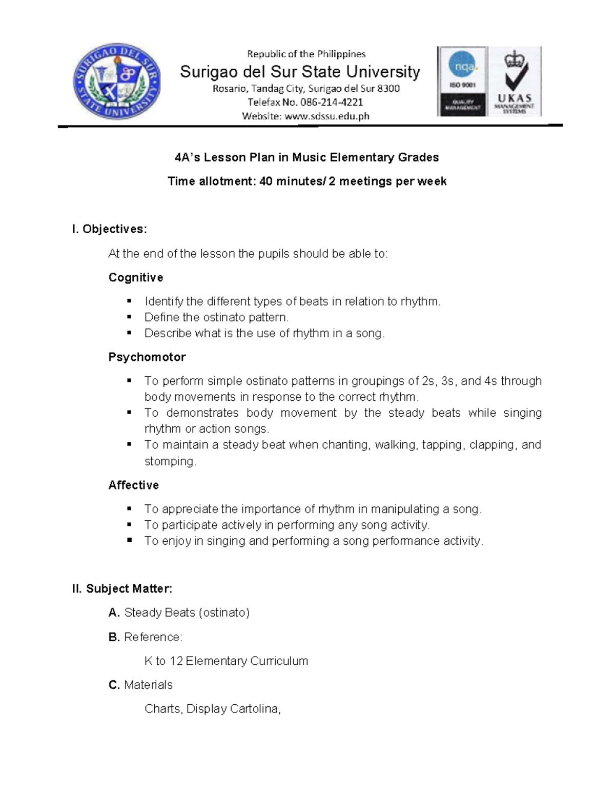 4A's Lesson Plan: Exploring Rhythm and Ostinato in Music - Studocu