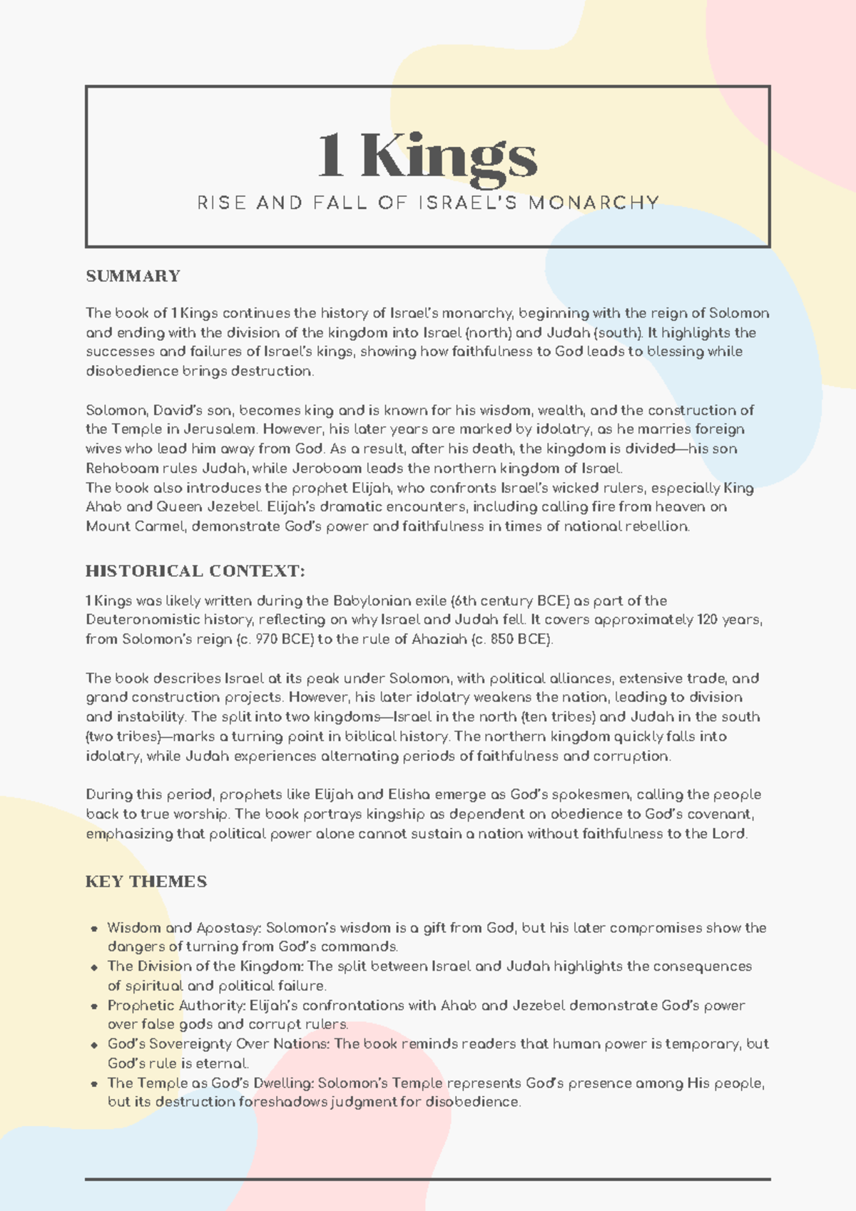 1 Kings Bible Summary Sheet Printable tltp42 - Wisdom and Apostasy ...