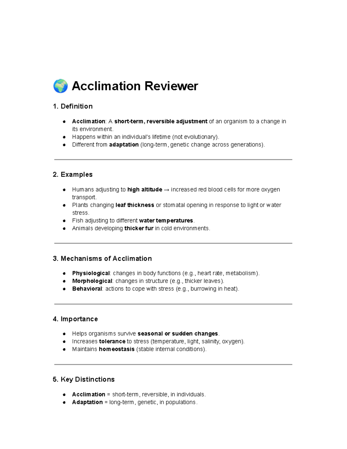 Acclimation in Biology: Definitions, Examples, and Mechanisms - Studocu