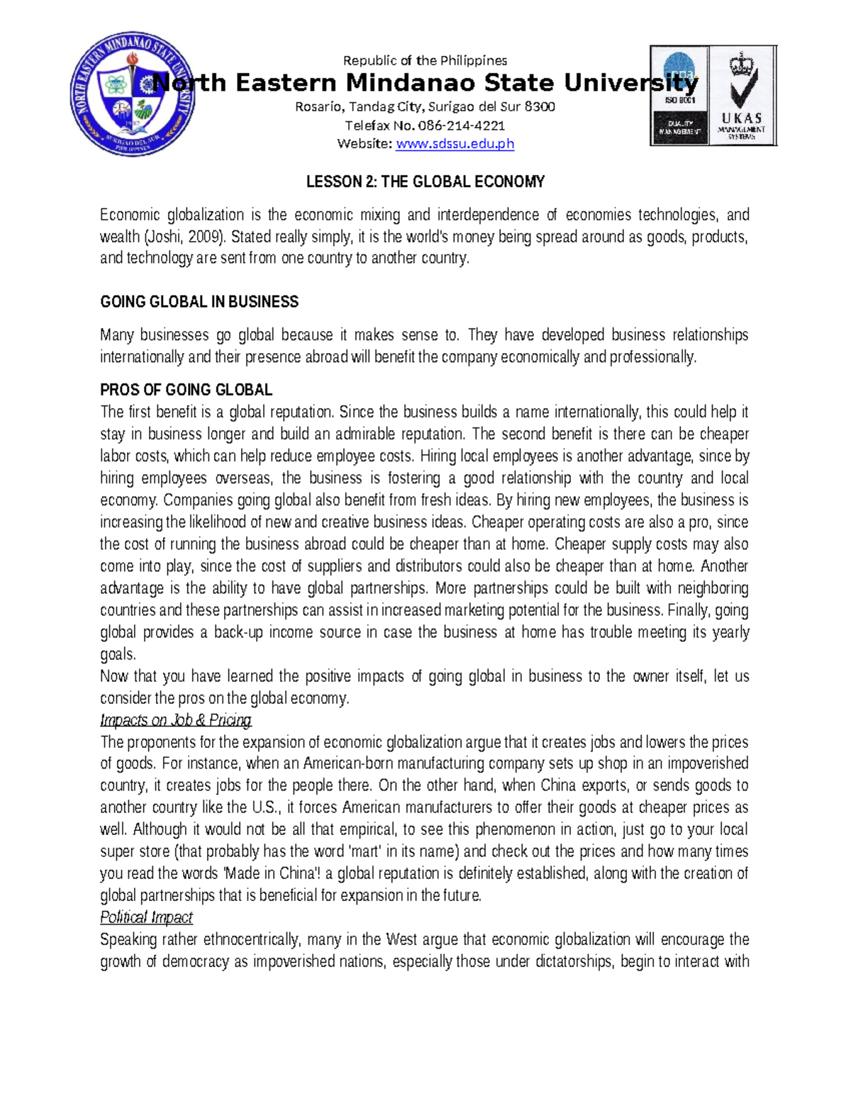 Lesson 2: The Global Economy - Economic Globalization Insights - Studocu