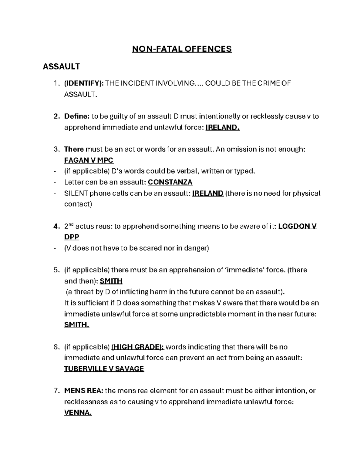 Non-Fatal Offences Summary Notes (Law 101) - Studocu