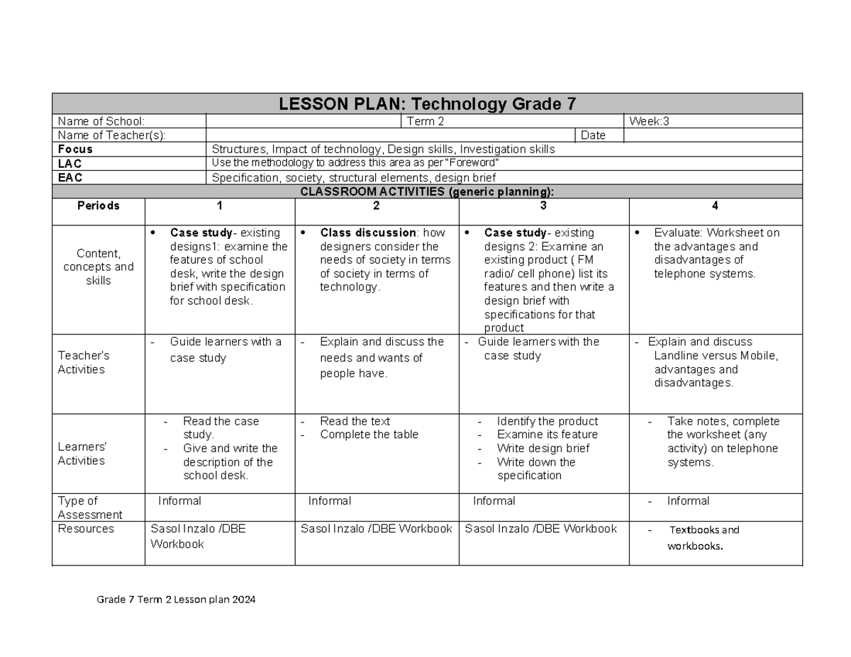 Grade 7 Technology Lesson Plan Term 2 2024: Skills & Activities - Studocu