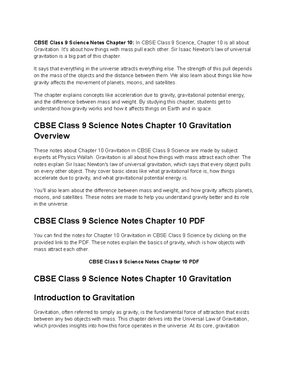 CBSE Class 9 Science Notes: Chapter 10 - Gravitation Overview - Studocu