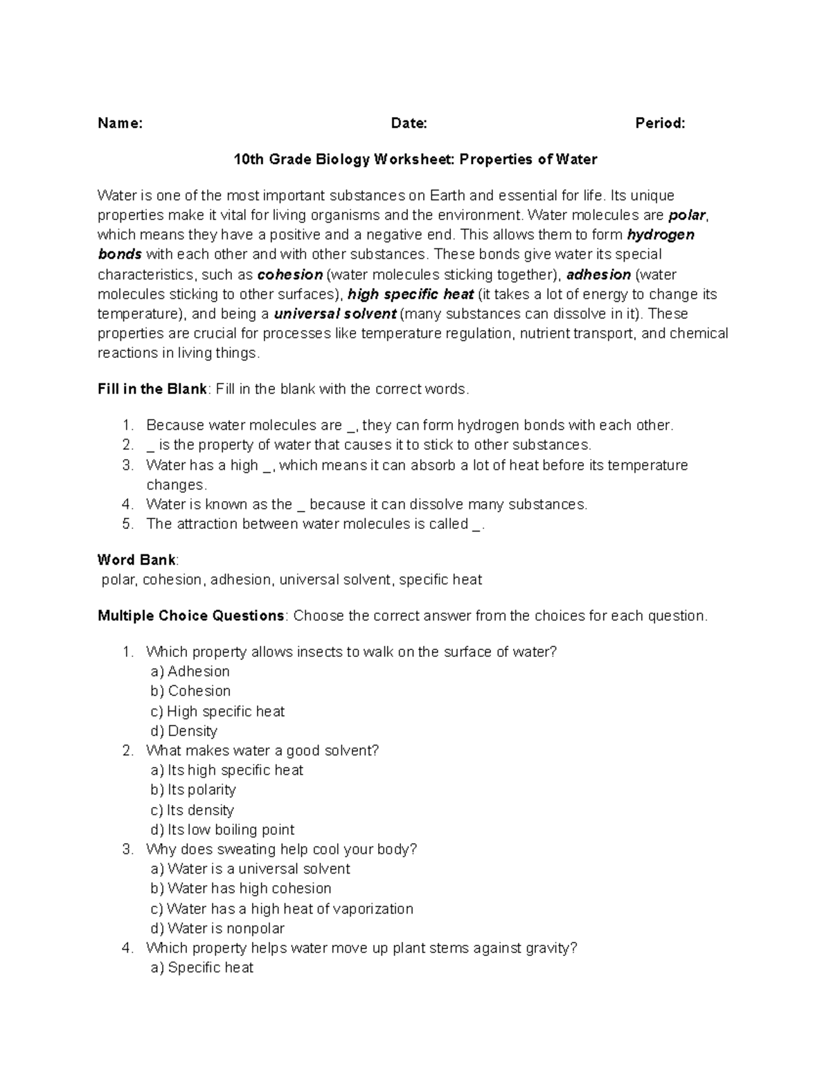 10th Grade Biology Worksheet: Properties of Water - Studocu