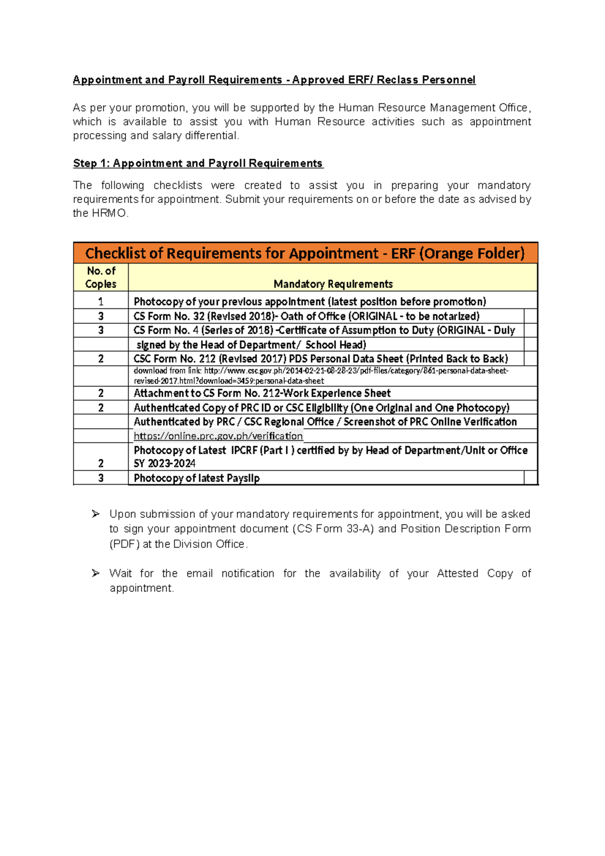 Checklist for Appointment & Payroll: Reclass ERF Requirements - Studocu