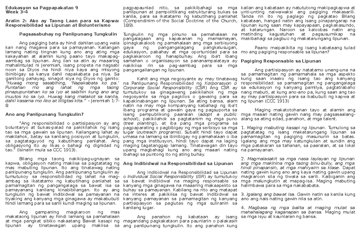 Edukasyon sa Pagpapakatao 9 Q2 Wk3-4: Panlipunang Tungkulin at Bolunterismo - Studocu