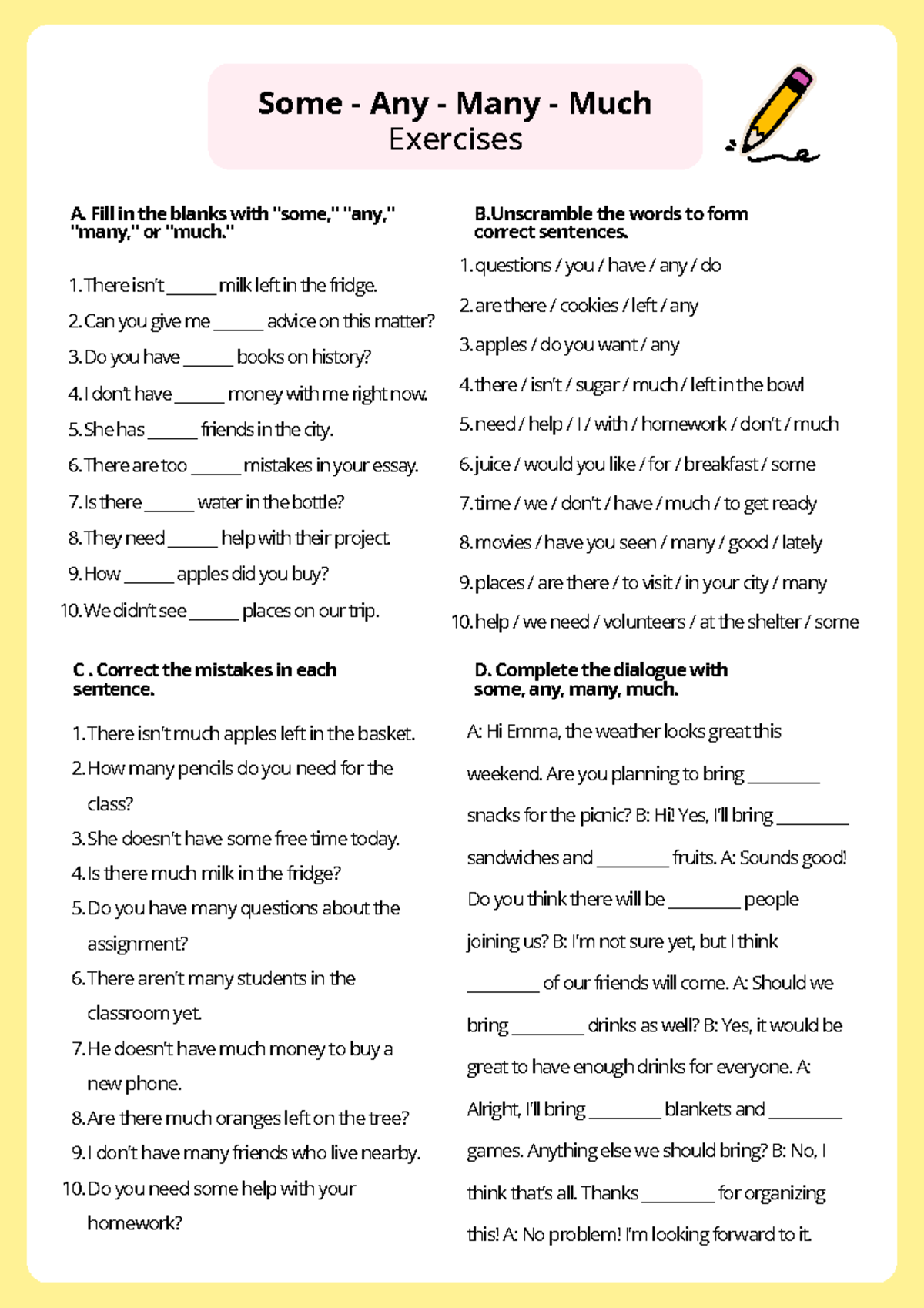 Quantifiers Exercise Worksheet: Fill in the Blanks & Corrections - Studocu