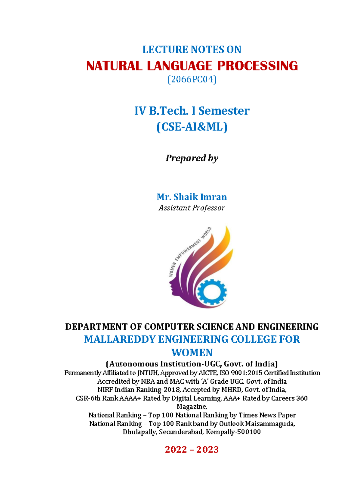 NLP Lecture Notes (2066PC04): Comprehensive Study for CSE-AI&ML - Studocu