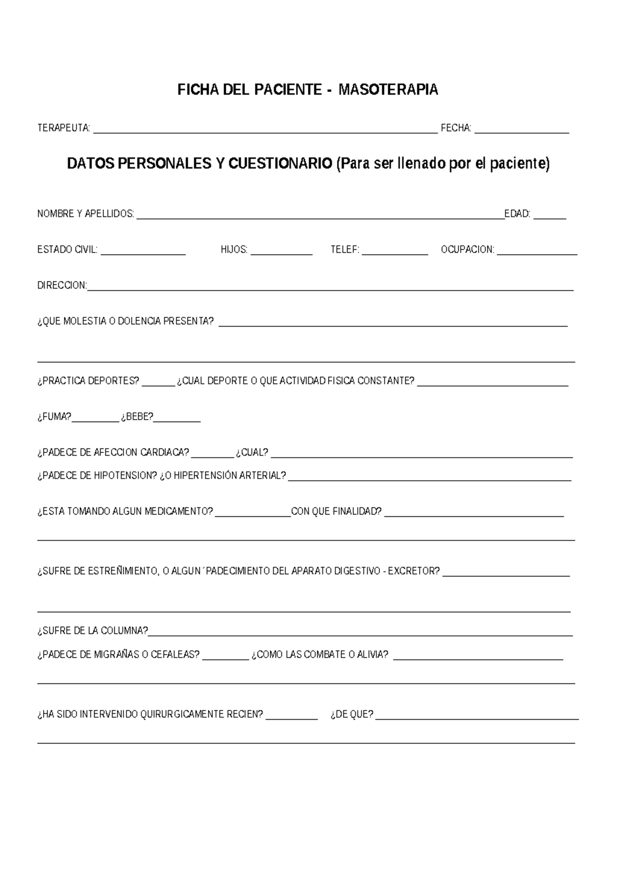 Ficha de Masoterapia: Datos del Paciente y Cuestionario - Studocu