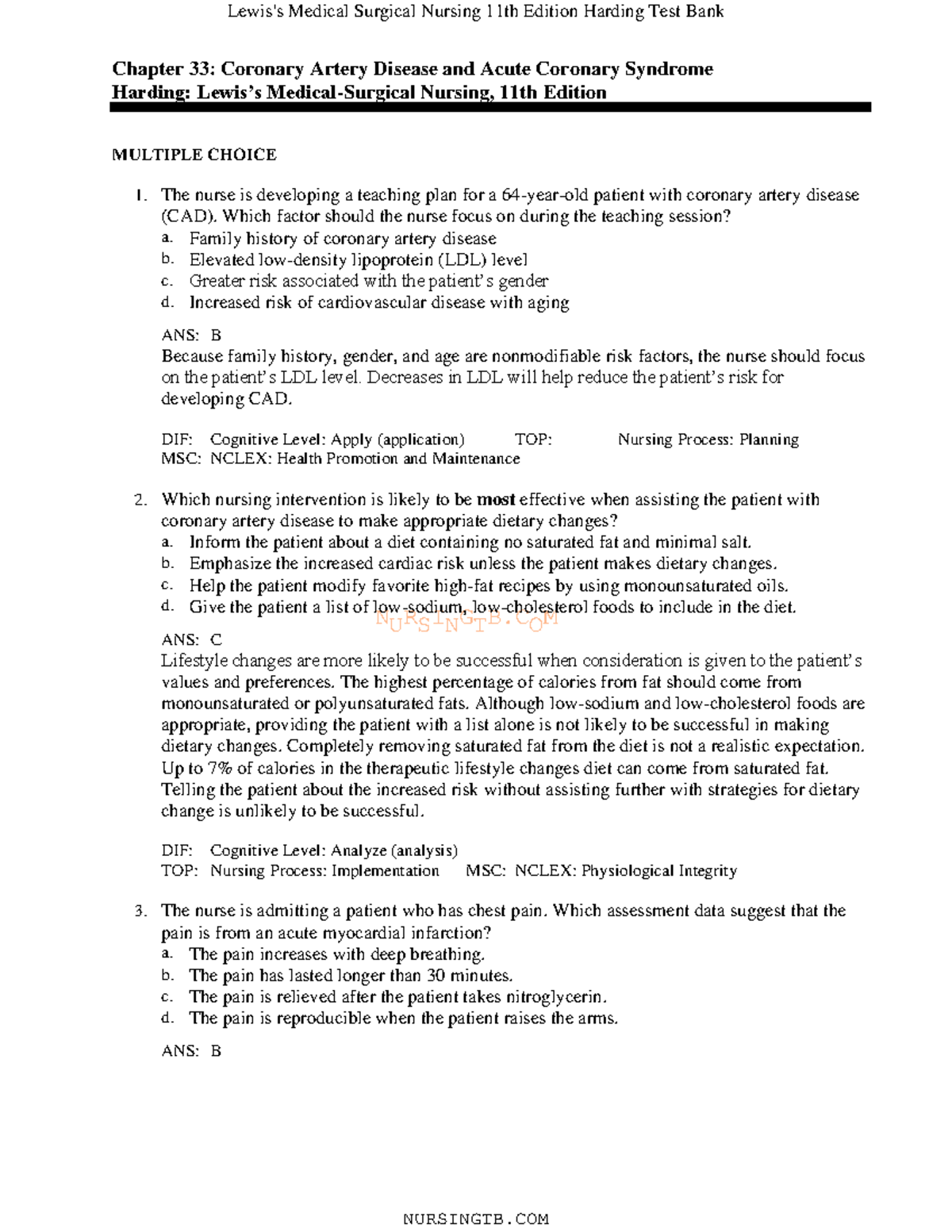 Comprehensive Test Bank for NURSING 33: CAD & Acute Coronary Syndrome ...