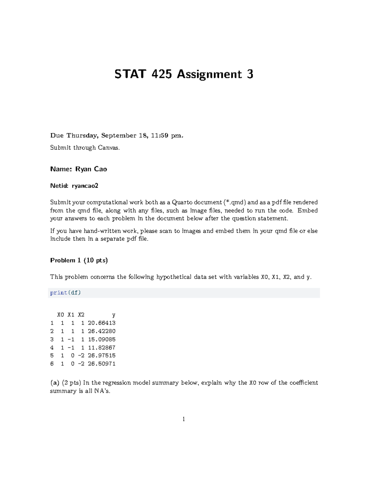 STAT 425 Assignment 3: Regression Analysis and Model Fitting - Studocu
