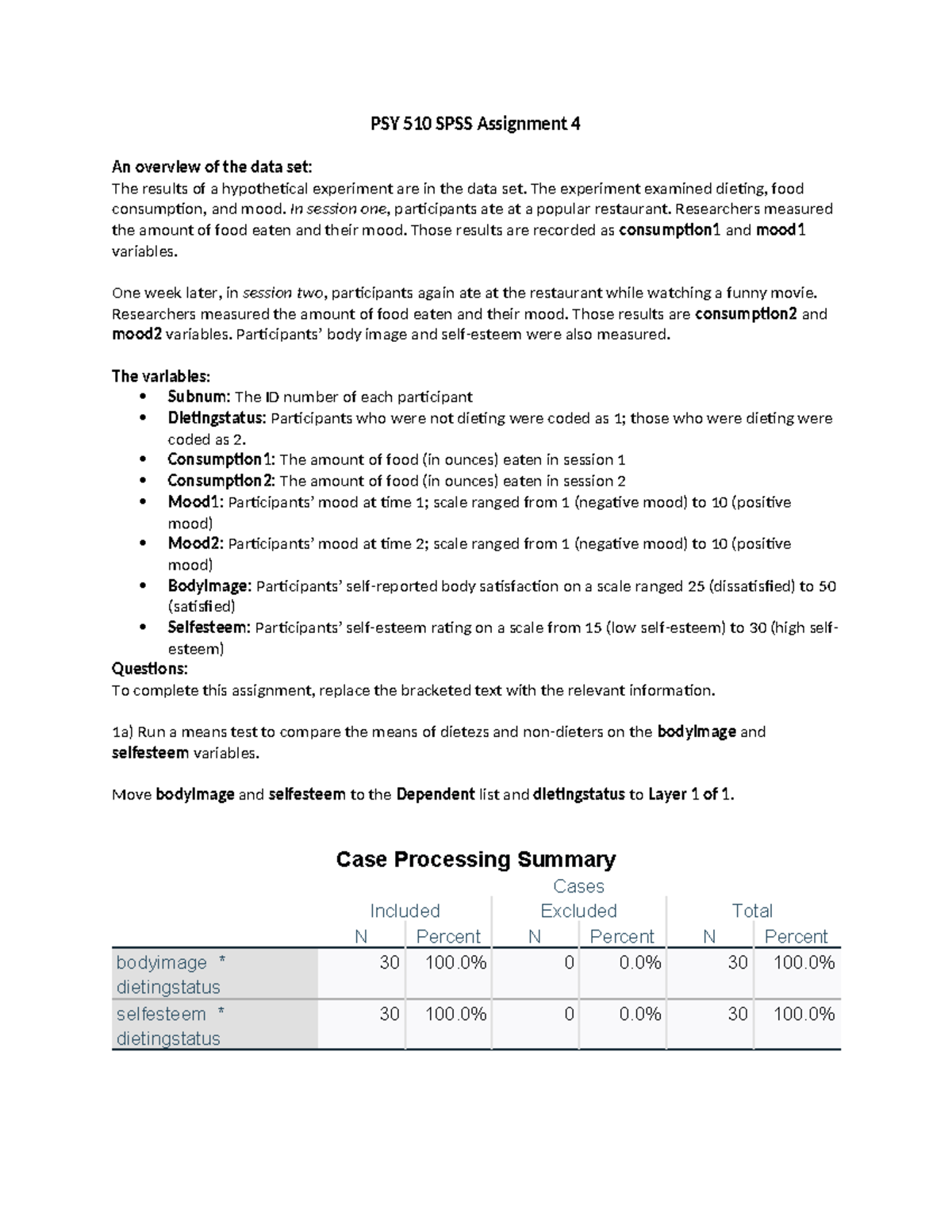 SPY 510 SPSS Assignment 4 Analysis: Dieting Impact on Mood & Consumption - Studocu