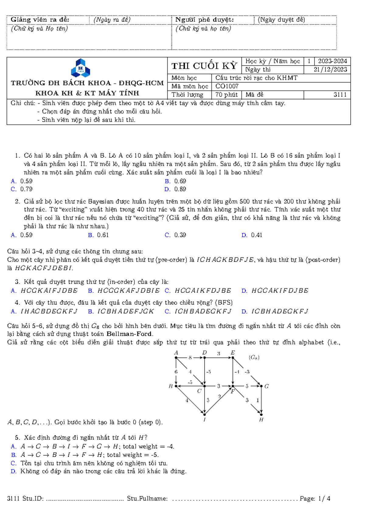 Đề thi cuối kỳ môn Cấu trúc rời rạc CO1007 - HK231 VIE với đáp án - Studocu