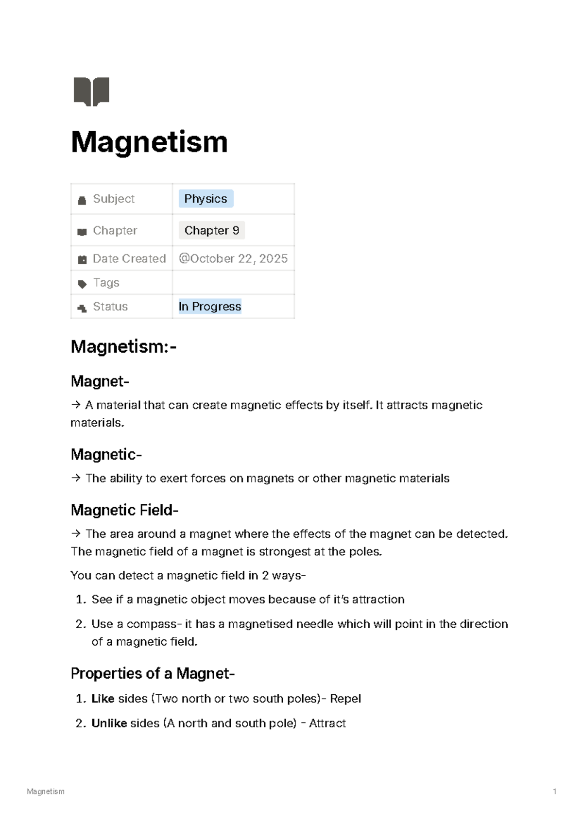 Magnetism - Grade 7 Physics Chapter 9 Notes - Studocu