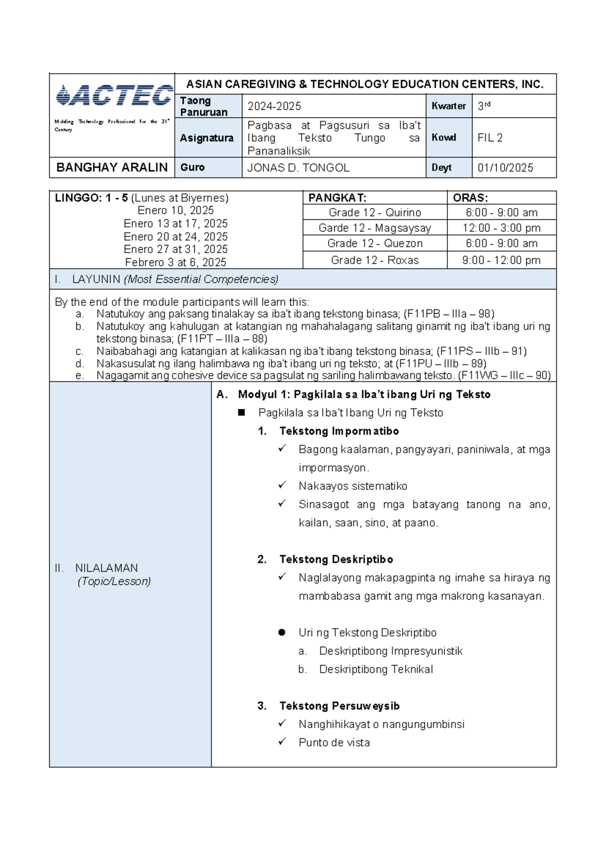 FIL 2 - WEEK 1-5 - Lesson Plan on Text Analysis and Writing Techniques ...