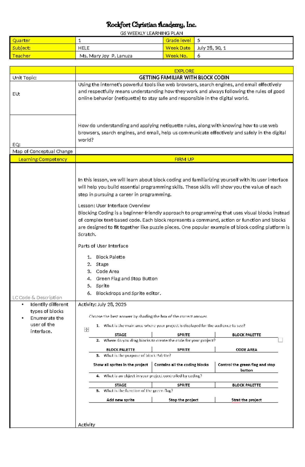 HELE 5 LP WK 6 - Lesson Planner on Block Coding & Netiquette - Studocu