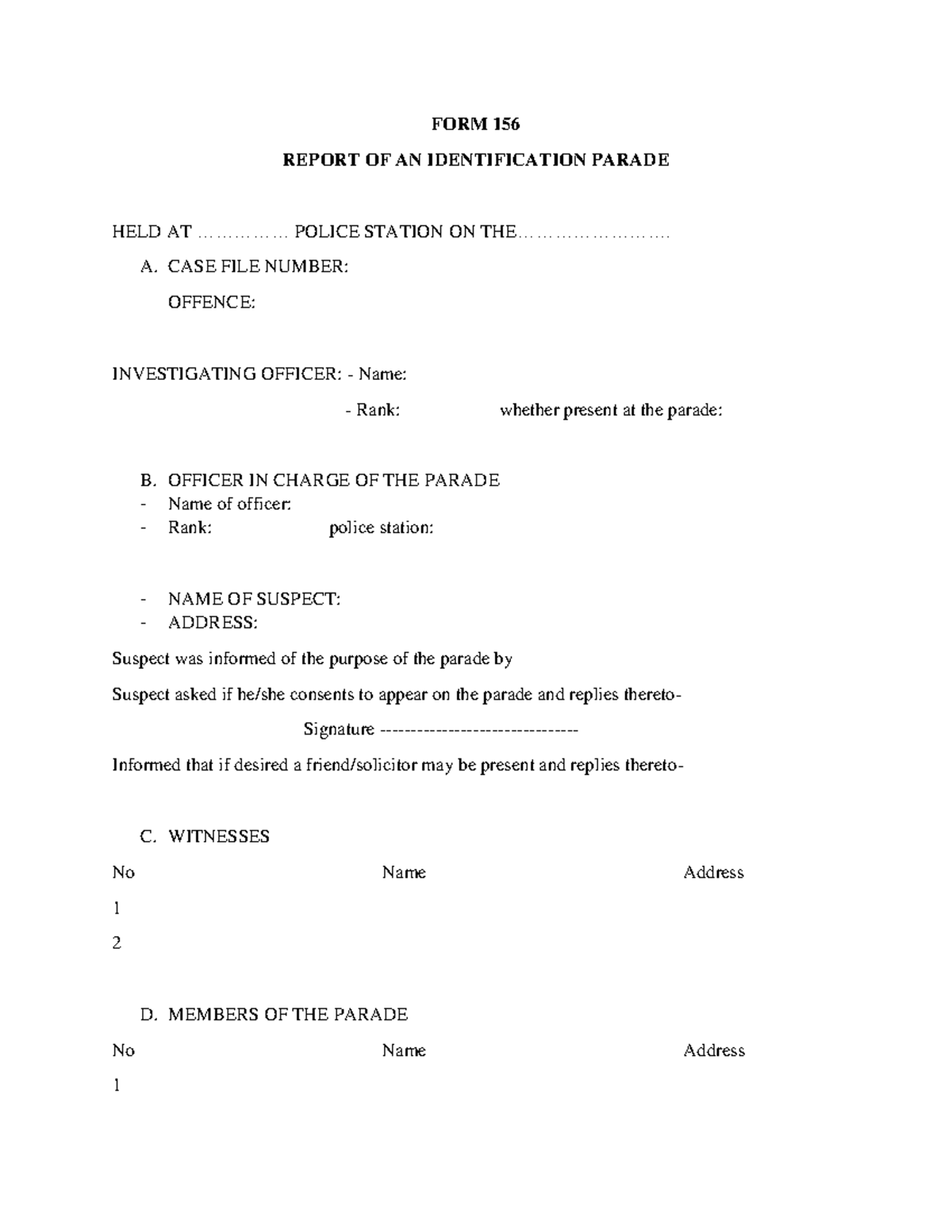 Form 156: ID Parade Report Template for Police Stations - Studocu