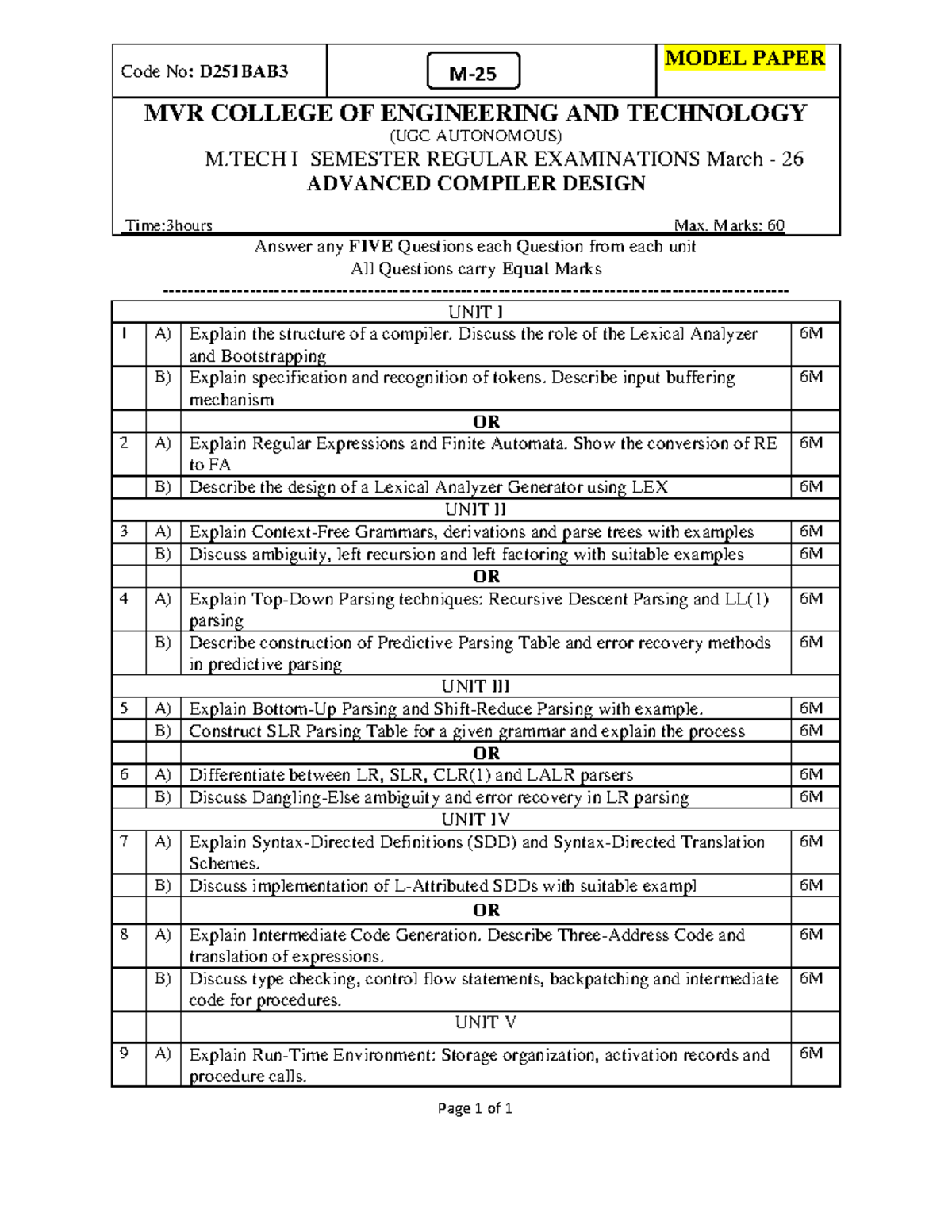 D251BAB3 M.Tech I Sem Model Paper: Advanced Compiler Design Exam - Studocu