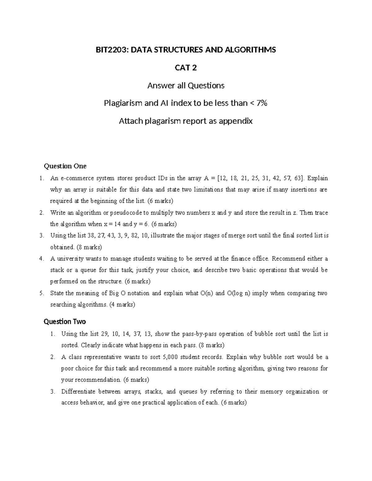 BIT2203: CAT 2 Data Structures & Algorithms Comprehensive Guide - Studocu