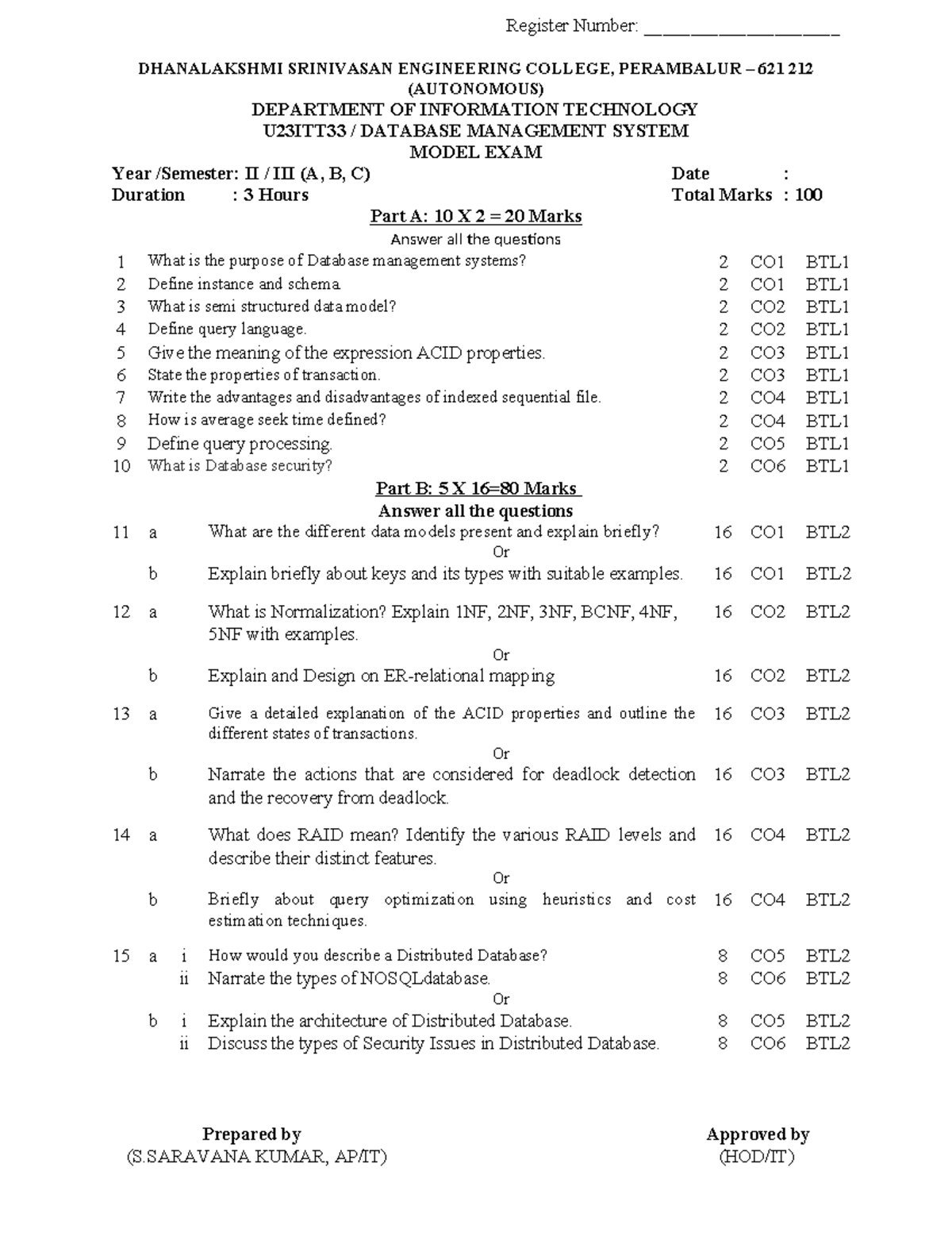 U23ITT33 DBMS Model Exam Question Paper Set-2 - Studocu