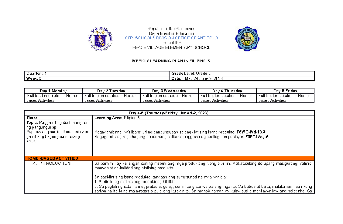 Filipino 5 HOME- Based Activities Q4 W5 - Republic of the Philippines ...