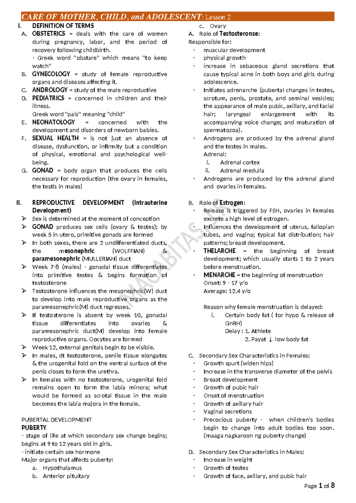 OB Lesson 2 - I. DEFINITION OF TERMS A. OBSTETRICS = deals with the ...