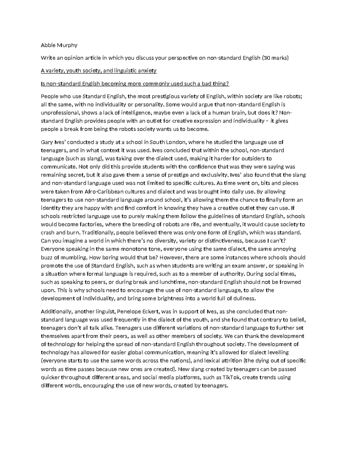 Opinion Article: The Value of Non-Standard English in Society - Studocu
