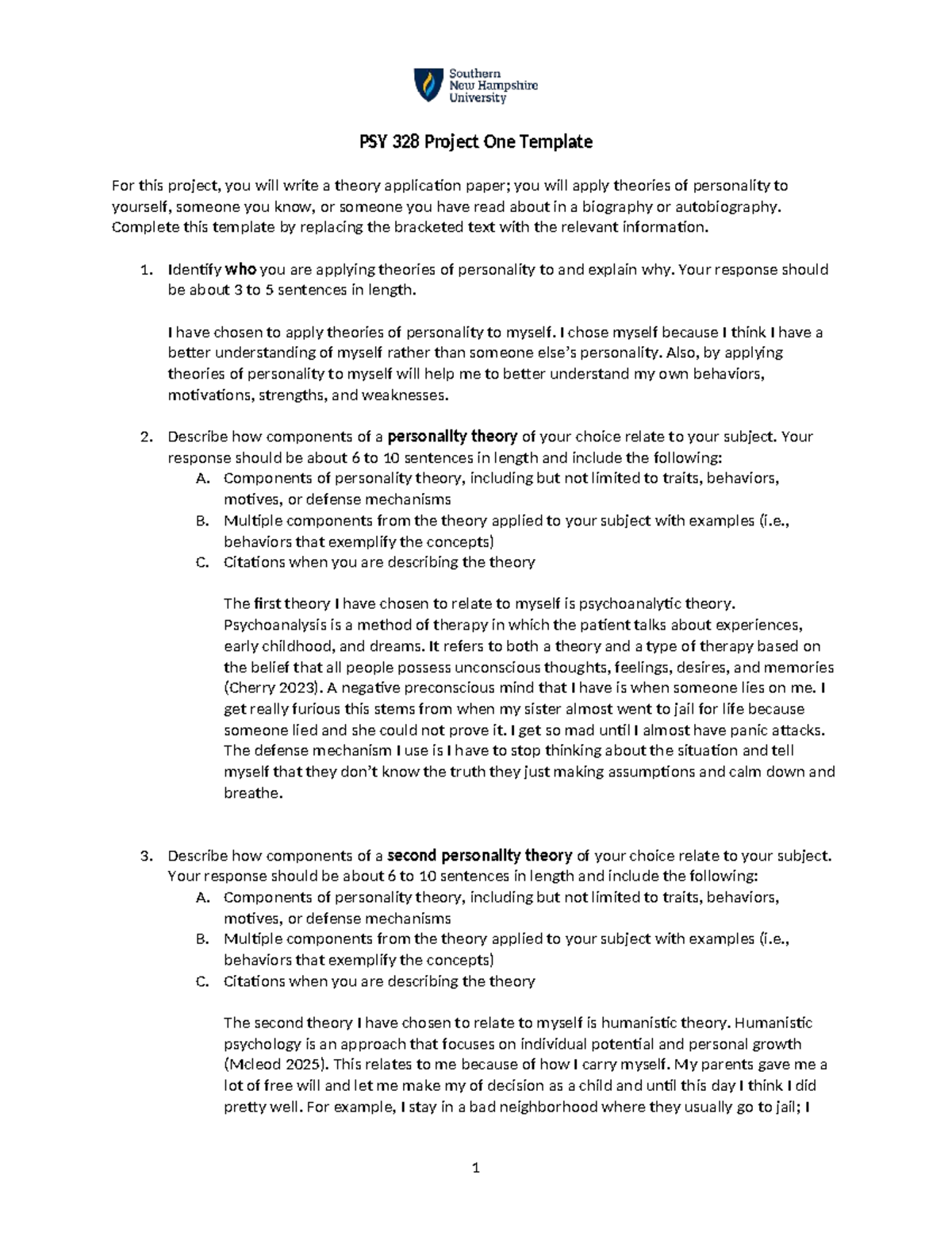 PSY 328 Theory Application Project Template - Studocu