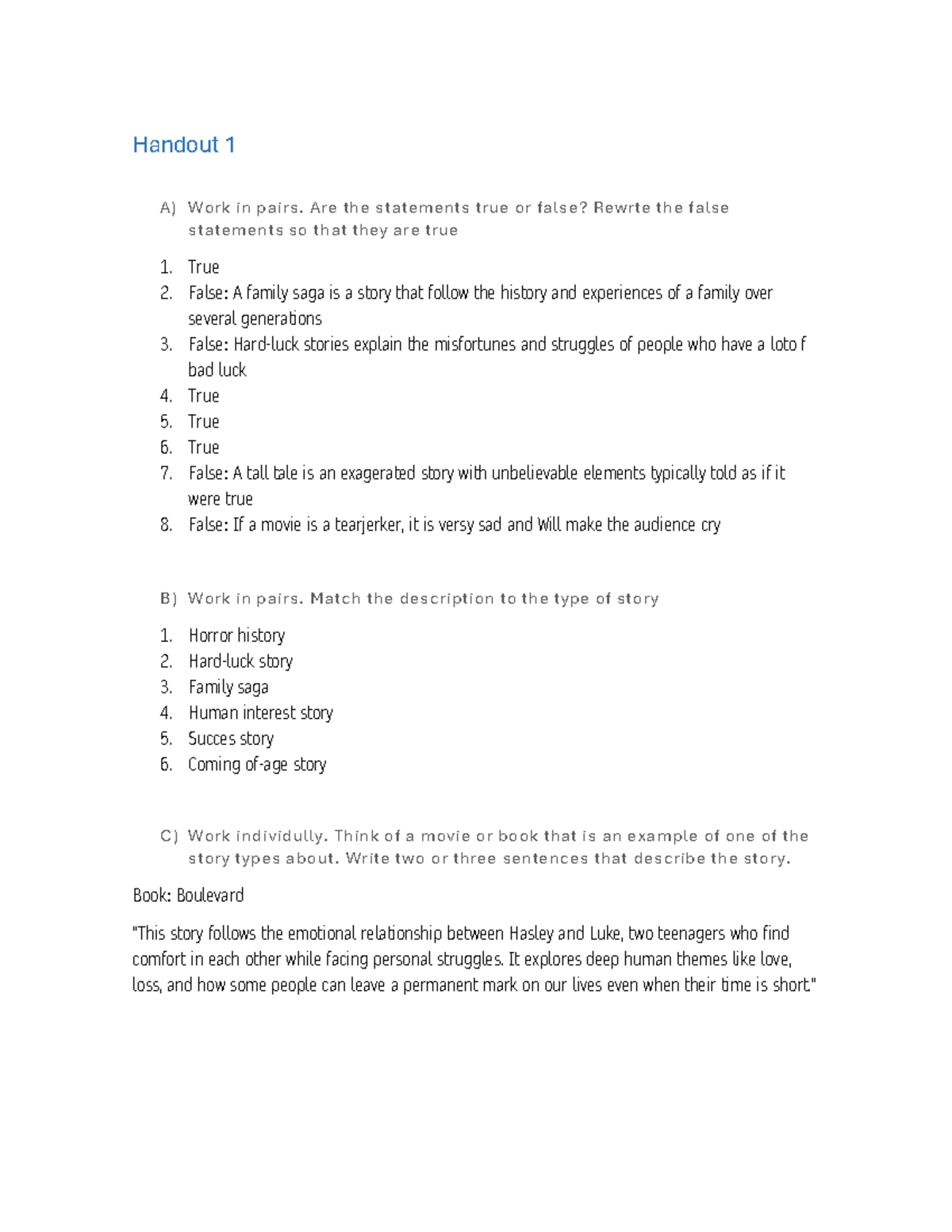 Handout Lesson 1 & 2: True/False Story Types Exercise, UNIT 5 - Studocu